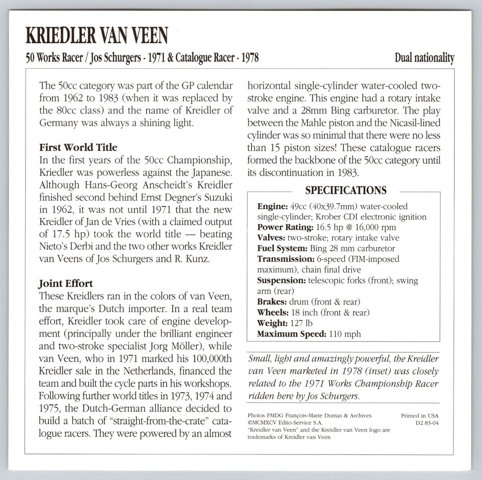 KRIEDLER VAN VEEN 50 Works Racer Netherlands Edito Service Atlas ...