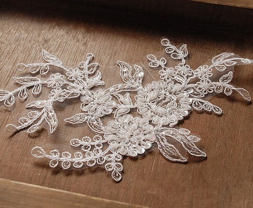 Bridal Dress Beaded Lace Applique Silver Corded Wedding Costume DIY ...