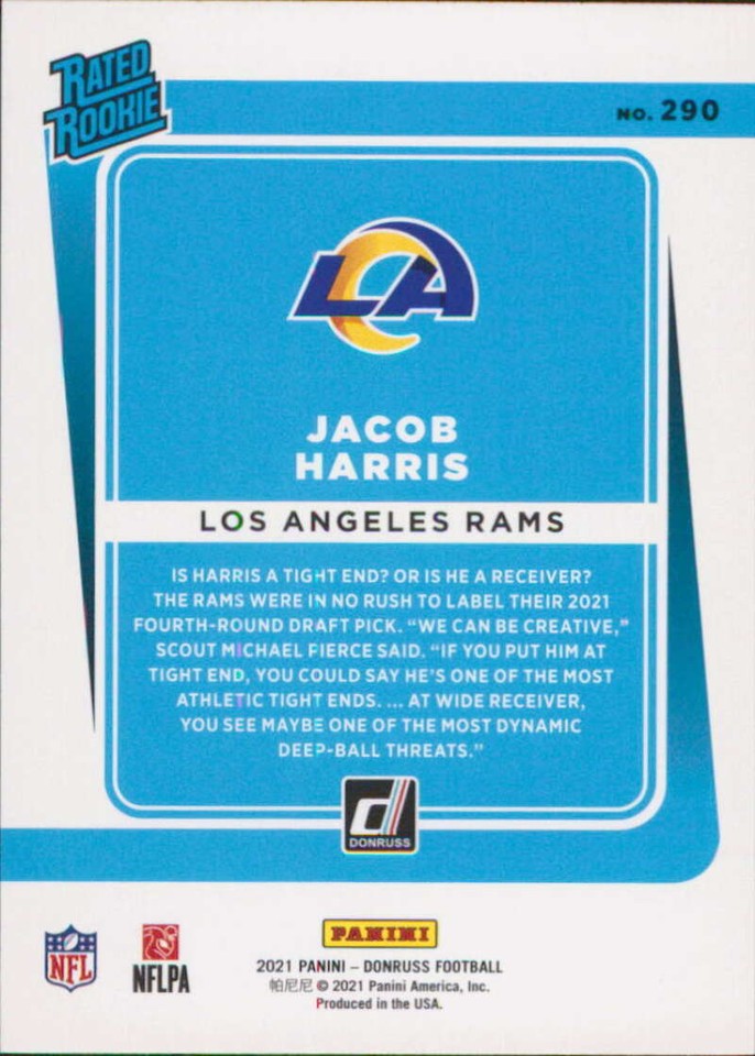 Jacob Harris RC 2021 Donruss #290 ROOKIE NFL LA Rams Rated Rookies ID ...