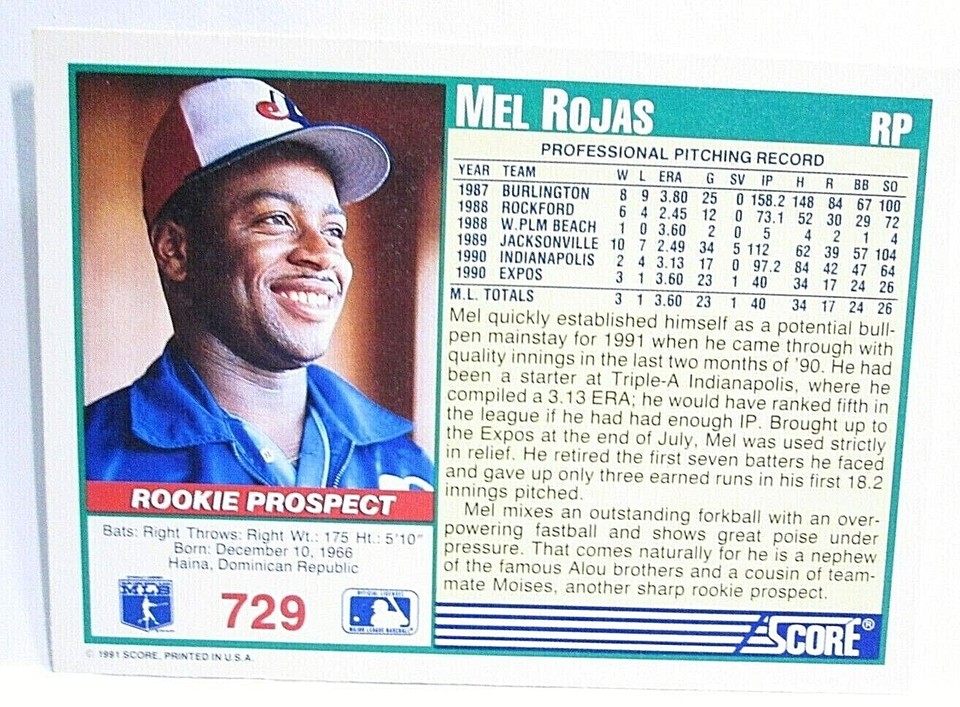 1991 Score Rookie Prospect MEL ROJAS - Expos #729 | eBay