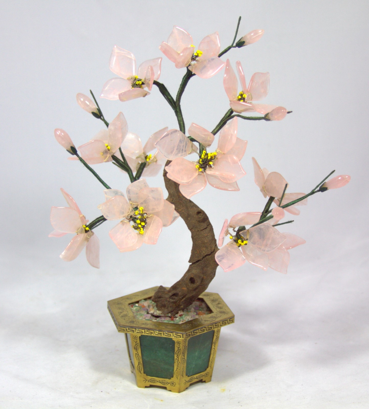 "Hand Carved Chinese Rose Quartz Tree in a Brass & Jade Pot" (11" H x 9 ...