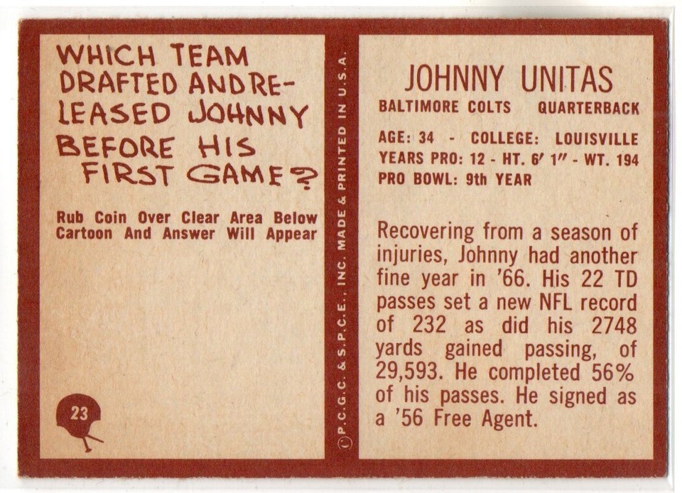 1967 Philadelphia FOOTBALL #23 Johnny Unitas BALTIMORE COLTS HOF ...