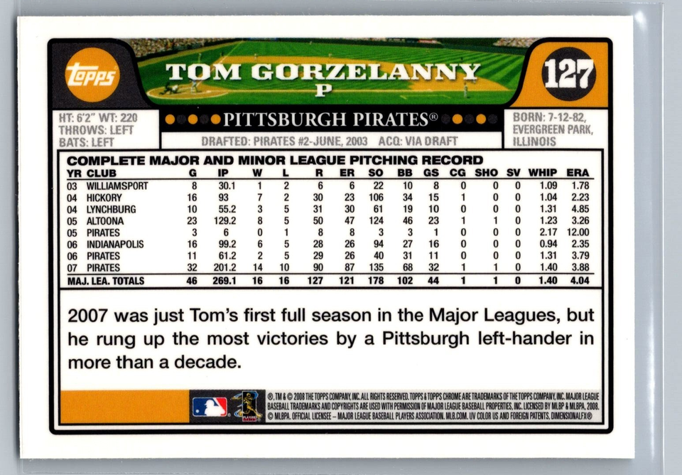 2008 TOPPS CHROME CARD # 127 Tom Gorzelanny - Pittsburgh Pirates | eBay