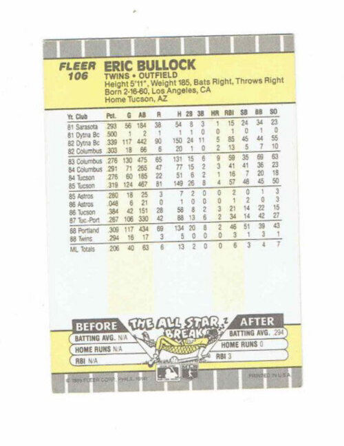 Eric Bullock Minnesota Twins OF #106 Fleer 1989 #Baseball Card | eBay