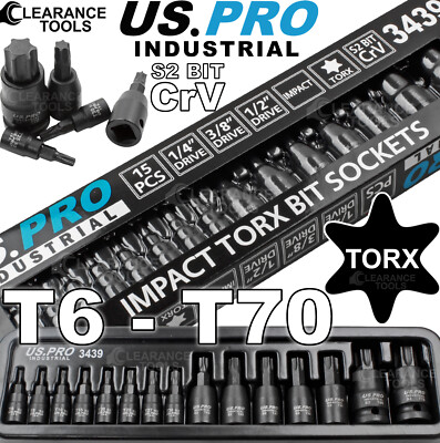 US PRO INDUSTRIAL IMPACT TORX BIT SOCKET SET T6 - T70 1/4" 3/8" 1/2"dr ...