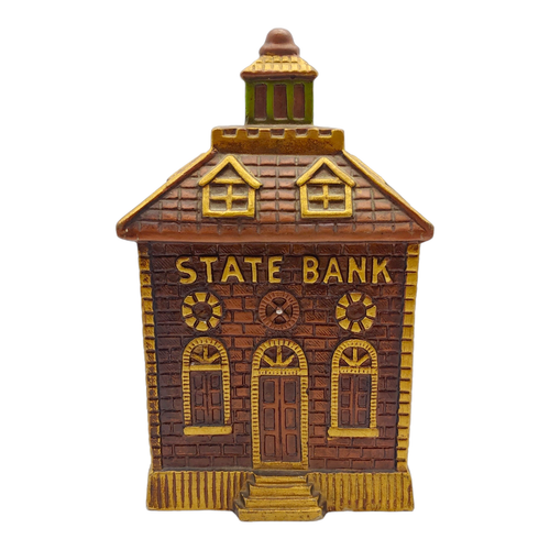 Colonial Brick Building Shaped Coin Bank - 8.5" vtg Brown Gold State ...