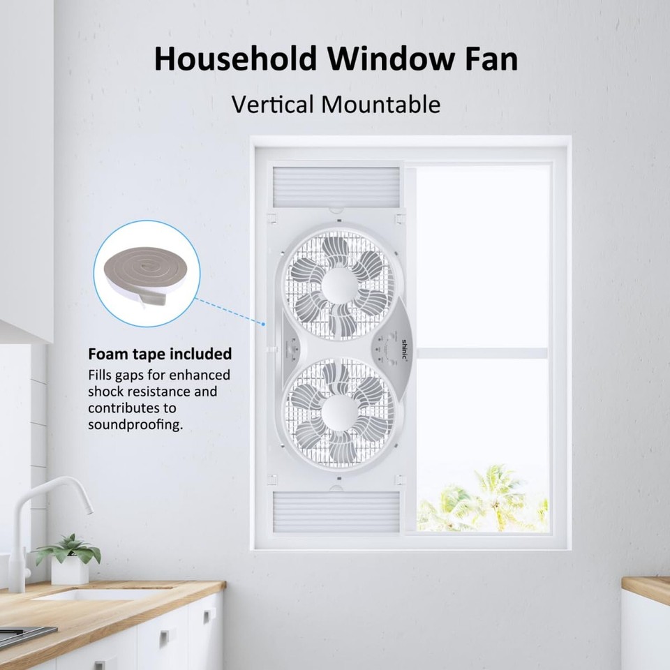 shinic Window Fan with Reversible Airflow Quiet, Twin 9" Blades, Full ...