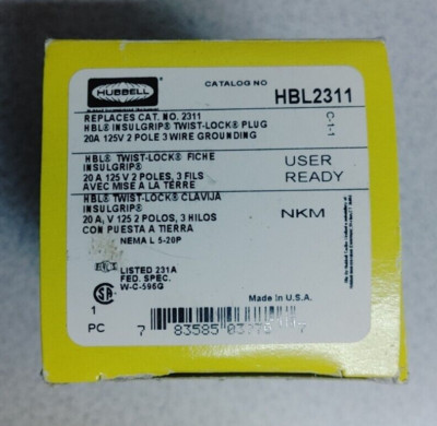 HUBBELL HBL2311 TWIST-LOCK PLUG 20A 125V 2 POLE 3 WIRE GROUNDING NEW ...