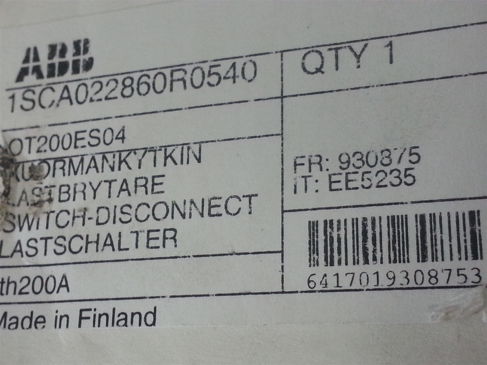 ABB LBS 200A 1000Vac AC-22A 415Vac Manual Switch-Disconnector Load ...