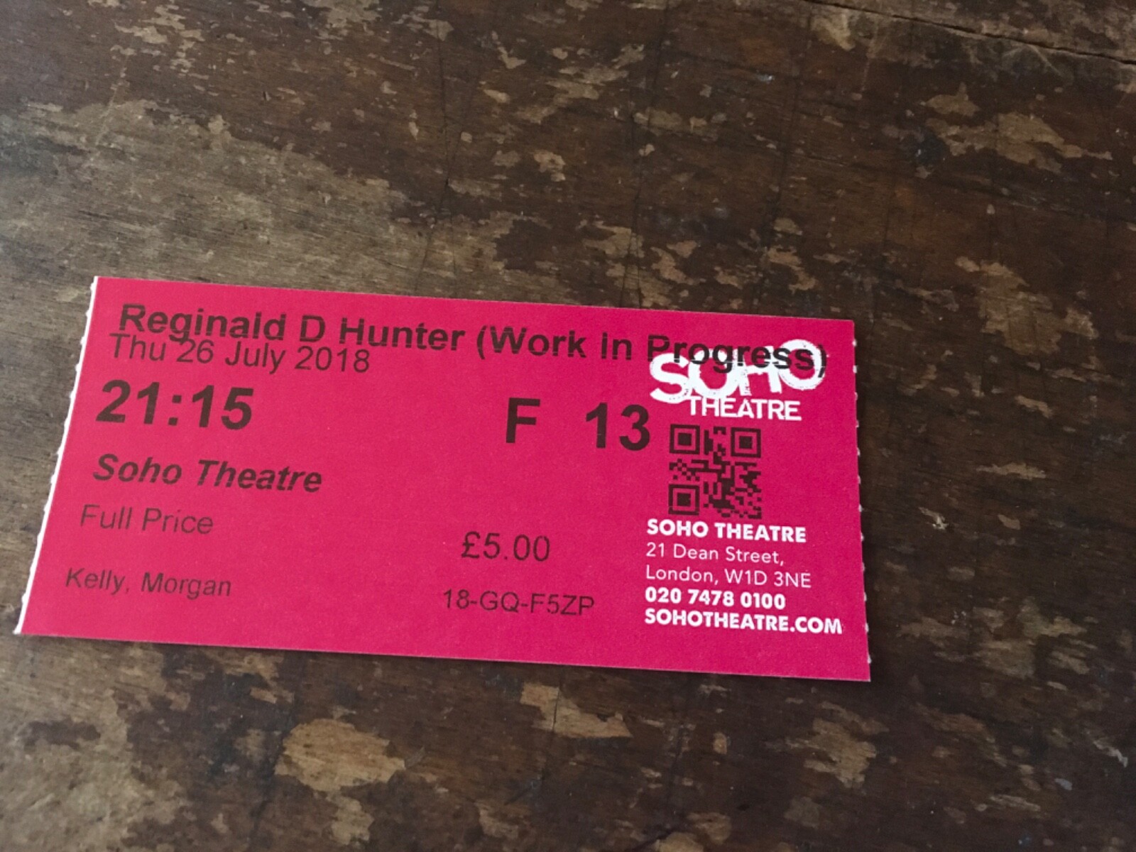 USED THEATRE TICKET, REGINALD D. HUNTER, WORK IN PROGRESS, SOHO THEATRE ...