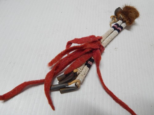 ANTIQUE BEADED PLAINS CROW INDIAN HAIR TYE TRADE CLOTH, TIN CONES, BELL ...
