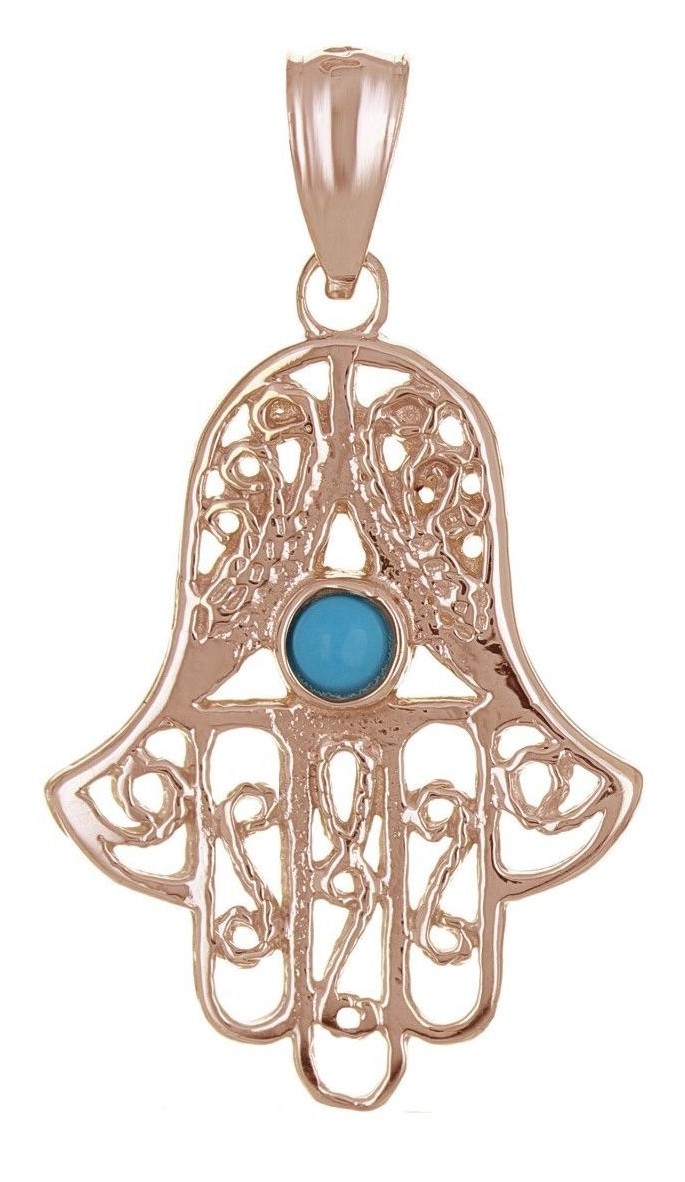 14k Rose Gold Hamsa Hand Of Fatima Charm Pendant with Turquoise Evil ...