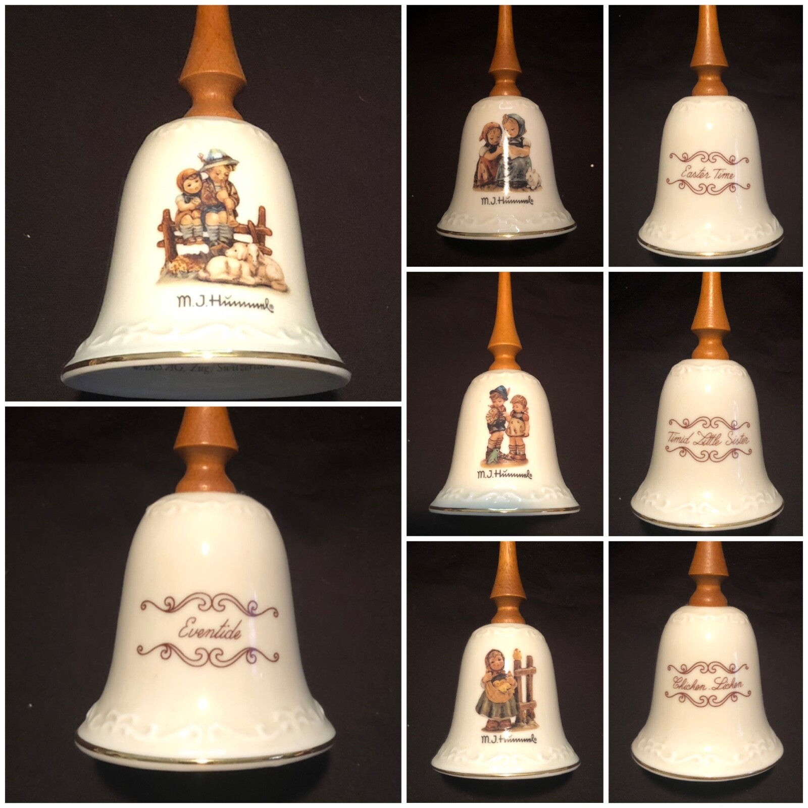 M J HUMMEL - GOEBEL - SET OF BELLS - PORCELAIN - SWITZERLAND - WOODEN ...