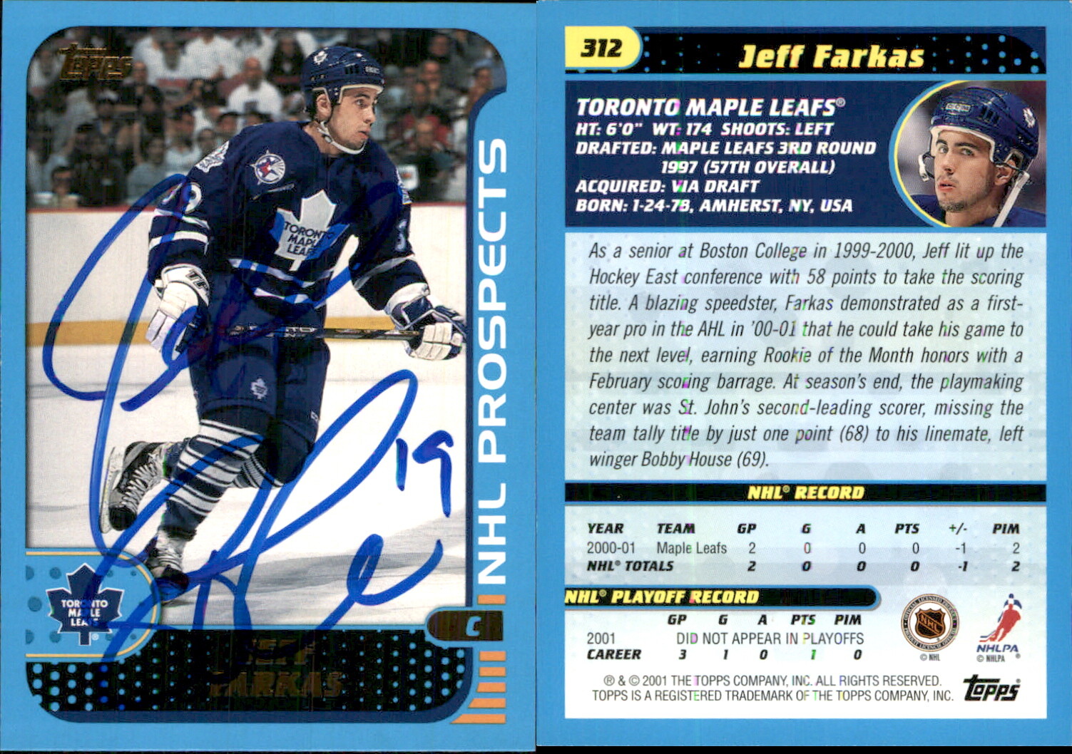 Jeff Farkas Signed 2001-02 Topps #312 Card Toronto Maple Leafs Auto AU ...