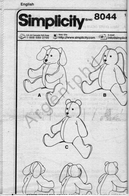 Simplicity Pattern 8044 Stuffed Animals 2 Piece Dog Rabbit Bear Aprox 14" for sale online | eBay