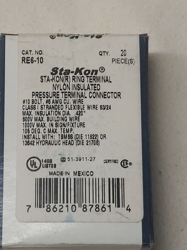 Thomas & Betts Sta-Kon RE6-10 Ring Terminal #10 Bolt #6 AWG CU (Box of ...
