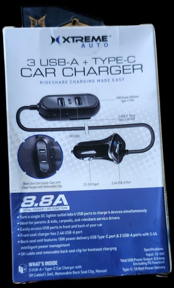 NEW XTREME AUTO 3 USB-A + TYPE C CAR RIDESHARE CHARGER 5 FT CABLE BACK ...
