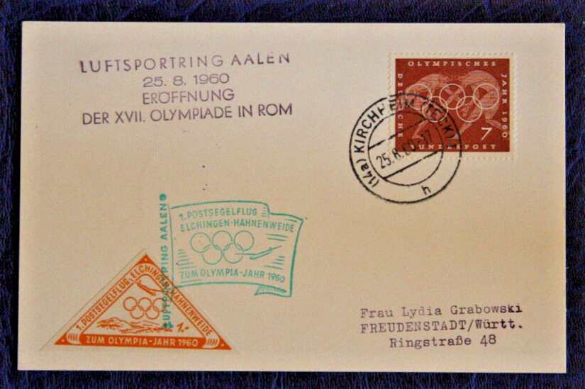 1. Postsegelflug Elchingen Hahnenweide 3 versch Belege, Olympia Rom ...