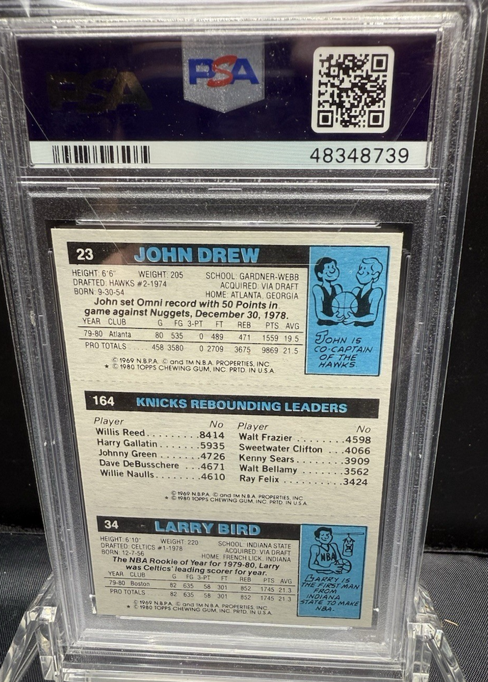 1980 TOPPS REBOUNDING LEADER LARRY BIRD, BILL CARTWRIGHT, JOHN DREW PSA ...