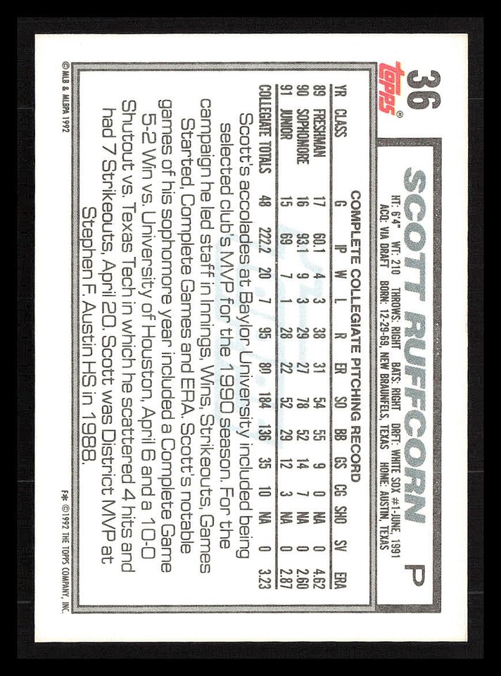 Scott Ruffcorn 1992 Topps #36 Chicago White Sox Rookie | eBay