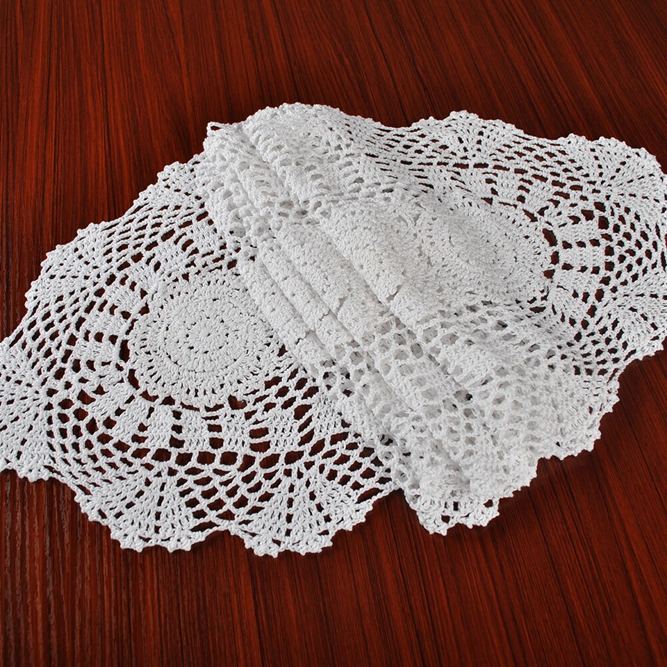 White Vintage Hand Crochet Doilies Table Mat Oval Lace Doily 12x47inch ...