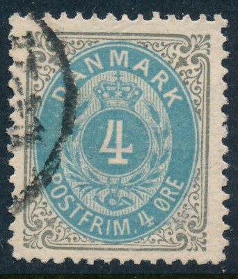 Denmark Scott 26/AFA 23, 4ø gray/blue Bicolour, VF Used, CROOKED Perfs ...