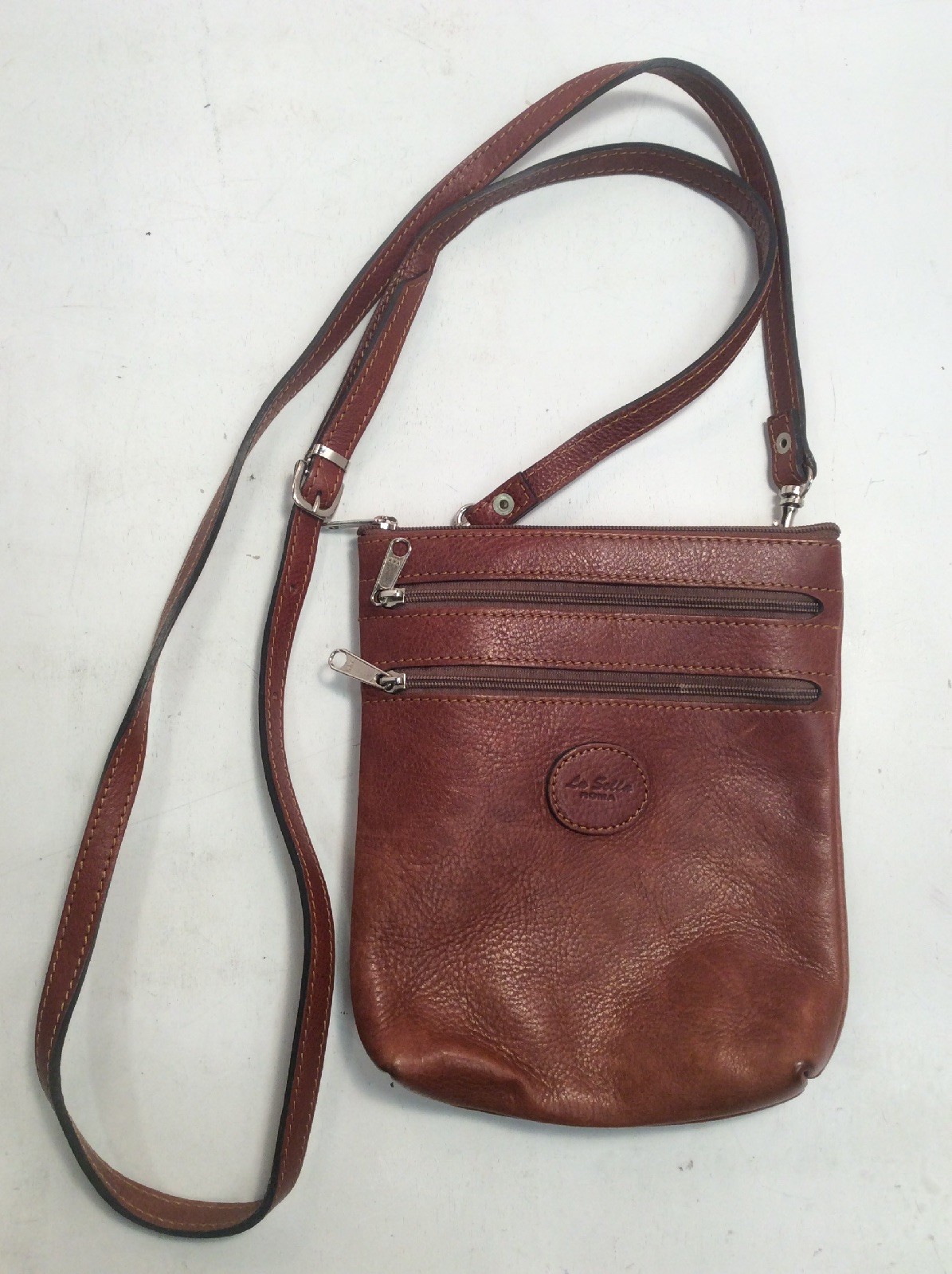 La Sella Roma Handbag Brown Leather 3 Zipper Pockets Cross Body Purse ...