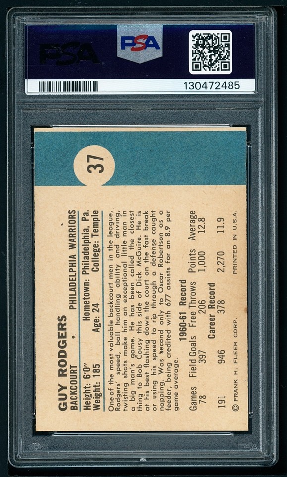 1961-62 Fleer SET-BREAK #37 Guy Rodgers HOF PSA 4++ Freshly Graded ...