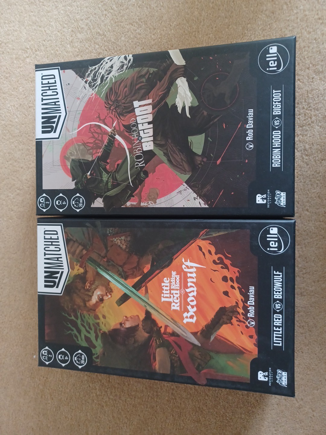 Unmatched board game 2 sets Bigfoot/Robin Hood and Little Red/Beowulf ...