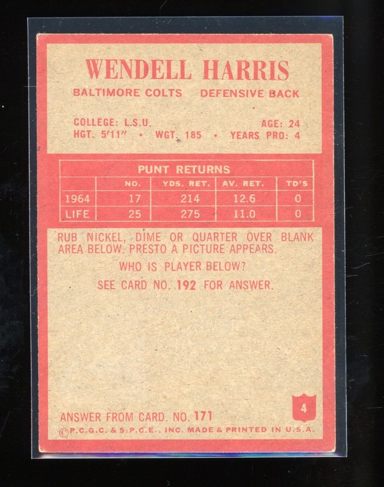 1965 PHILADELPHIA FOOTBALL #171 WENDELL HARRIS Baltimore Colts | eBay