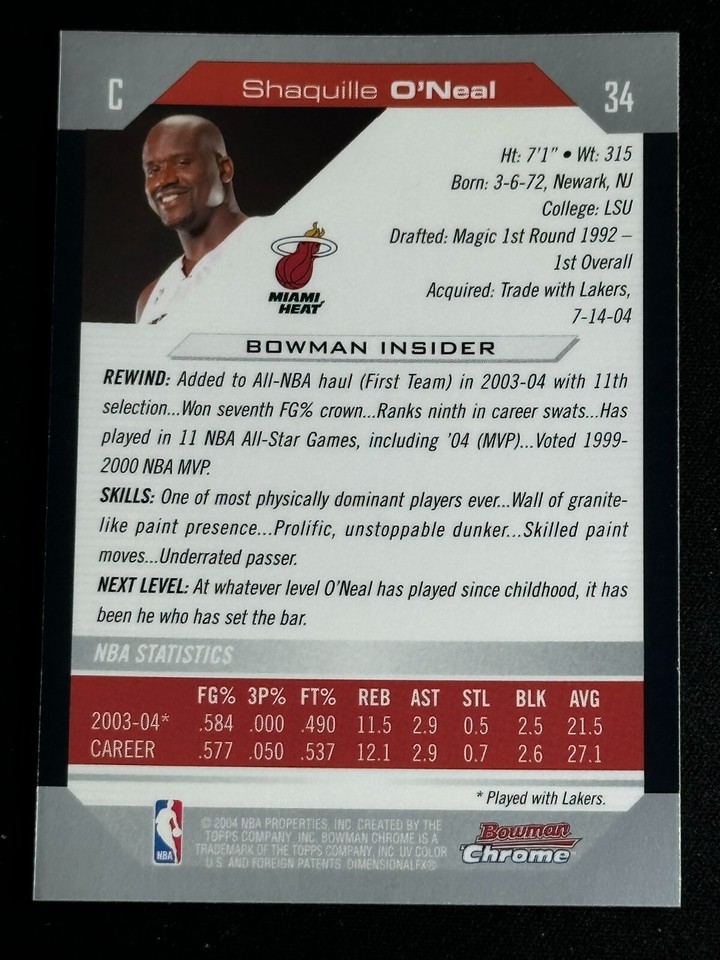 2004 Bowman Chrome Shaquille O'Neal #34 Lakers Magic Heat HOF | eBay