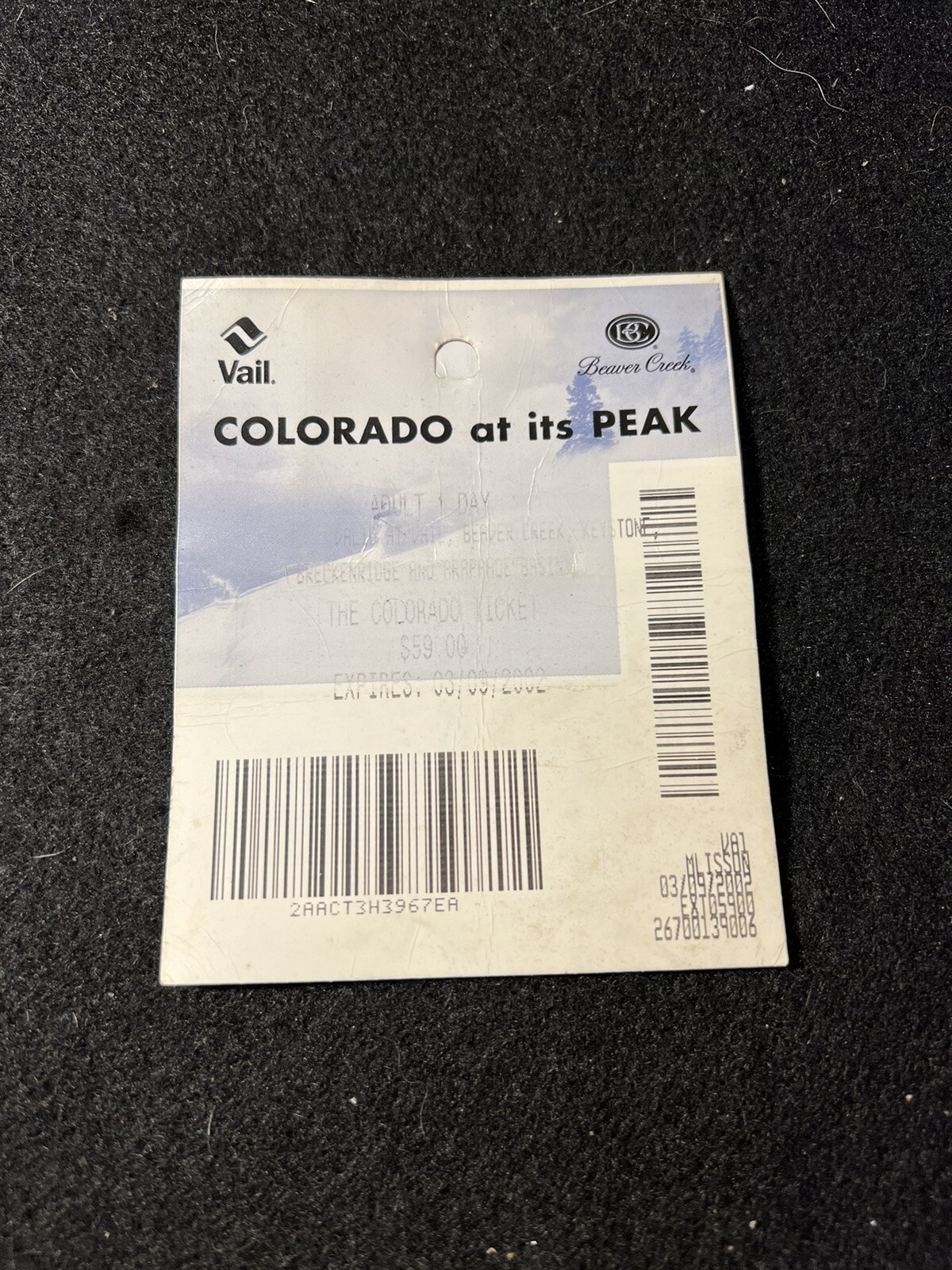 VAIL/BEAVER CREEK 3/9/2002 Ski Lift Ticket COLORADO Resort Souvenir ...