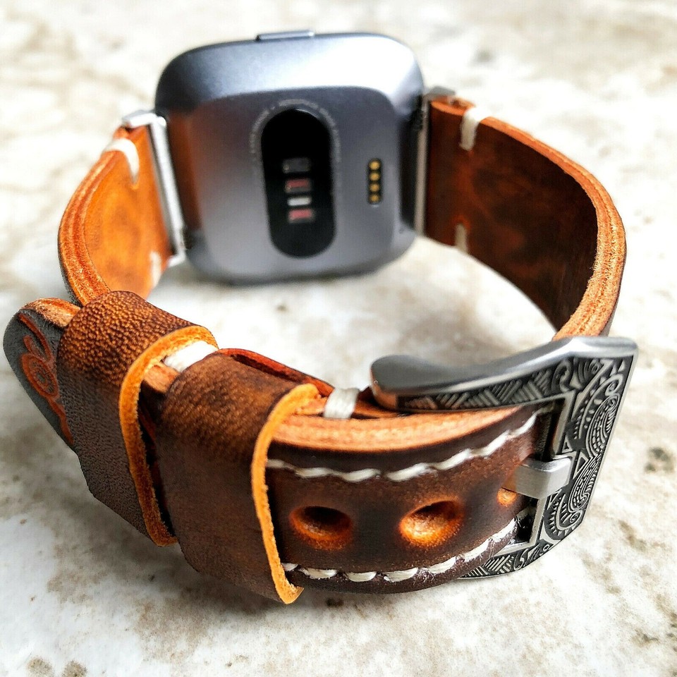 Brown Orange Embossed Handmade Leather Band Strap for Fitbit Versa 3 4 ...