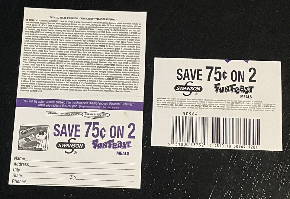 VERY RARE! Vintage Swanson Dinners Coupons Featuring 2 Camp Snoopy Trip ...
