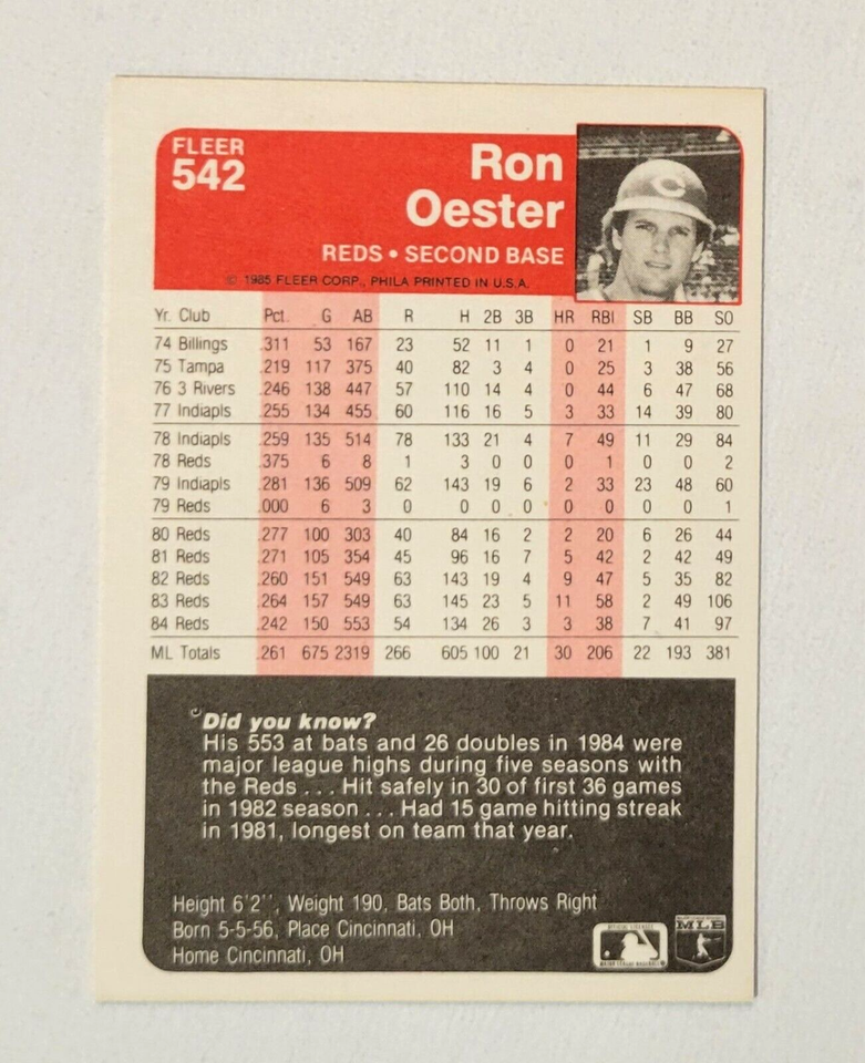RON OESTER Signed 1985 Fleer #542 Cincinnati Reds Card Autograph | eBay