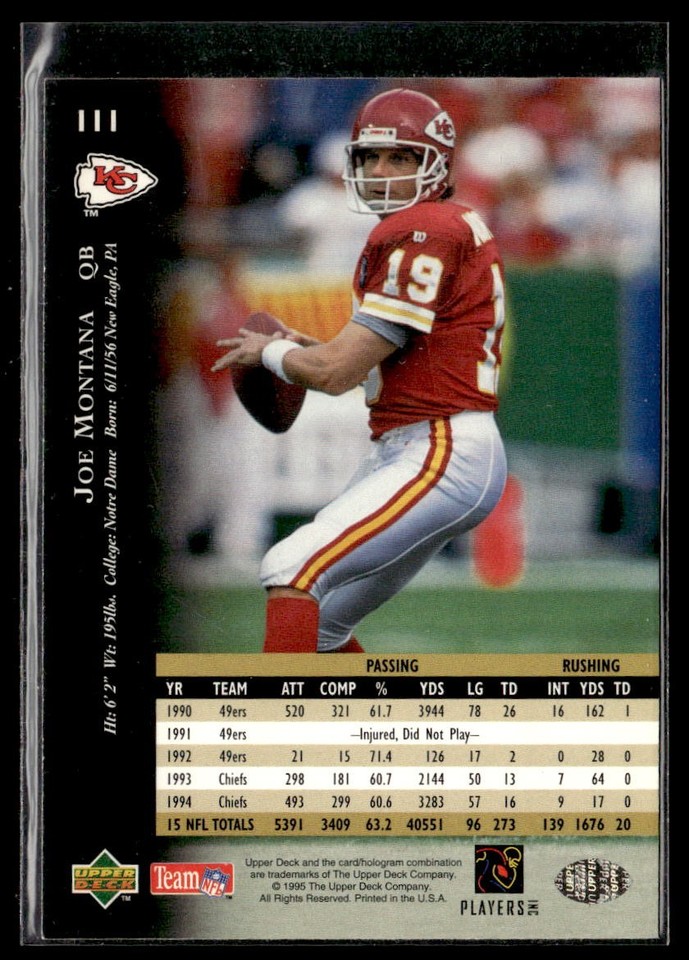 1995 Upper Deck #111 Joe Montana Football Card 1202O | eBay