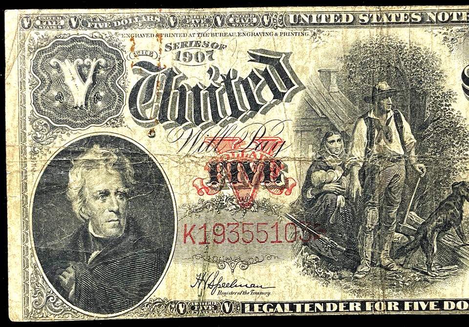 1907 $5 Dollar Large Size Legal Tender Banknote Woodchopper-Red Seal | eBay
