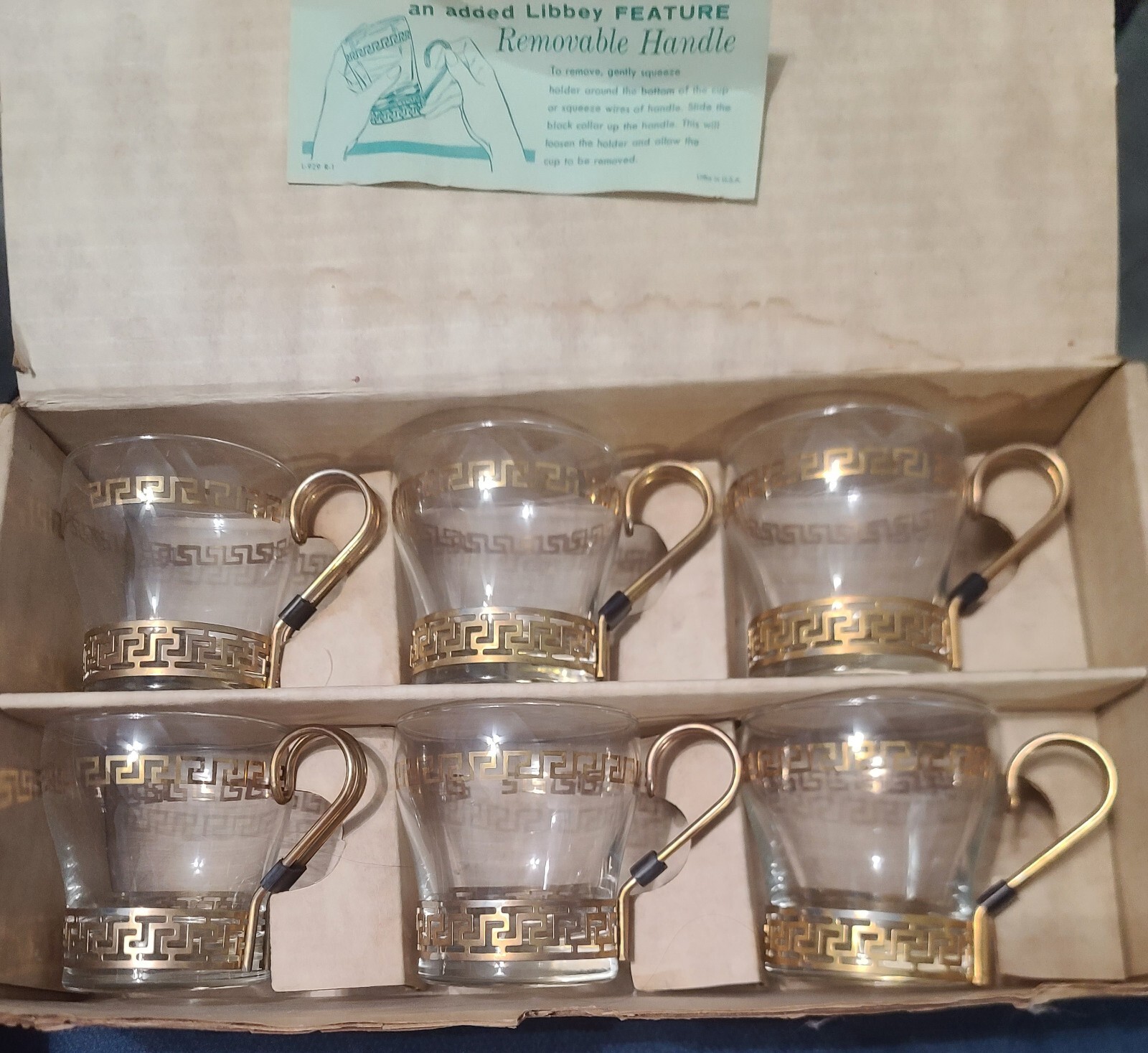 Set of 6 Vintage Libbey Gold Holders Glass Continental Coffee Cups w ...
