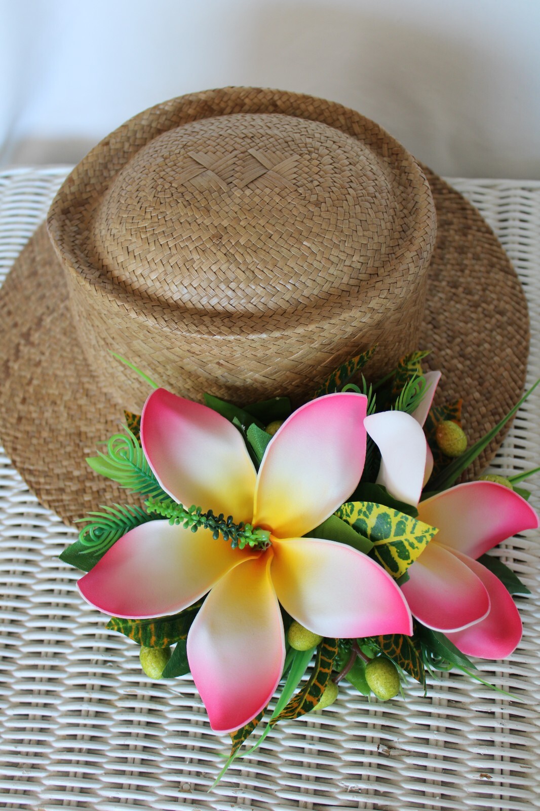 Hawaiian Hula Hair Piece or Lauhala Hat Accesory Pink Yellow Plumeria ...