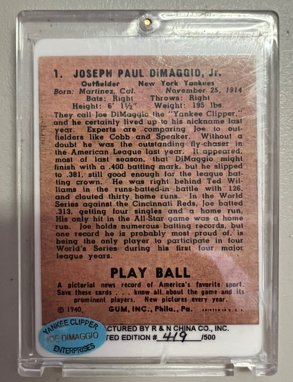 Joe DiMaggio Hand Signed Porcelain Card Collection 3 Signatures PSA LOA ...