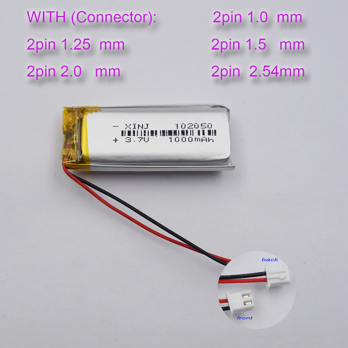 3.7V 1000 mAh 3.7Wh Li Lipo Battery 102050 JST 2Pin 1.01.251.52.02.54mm ...