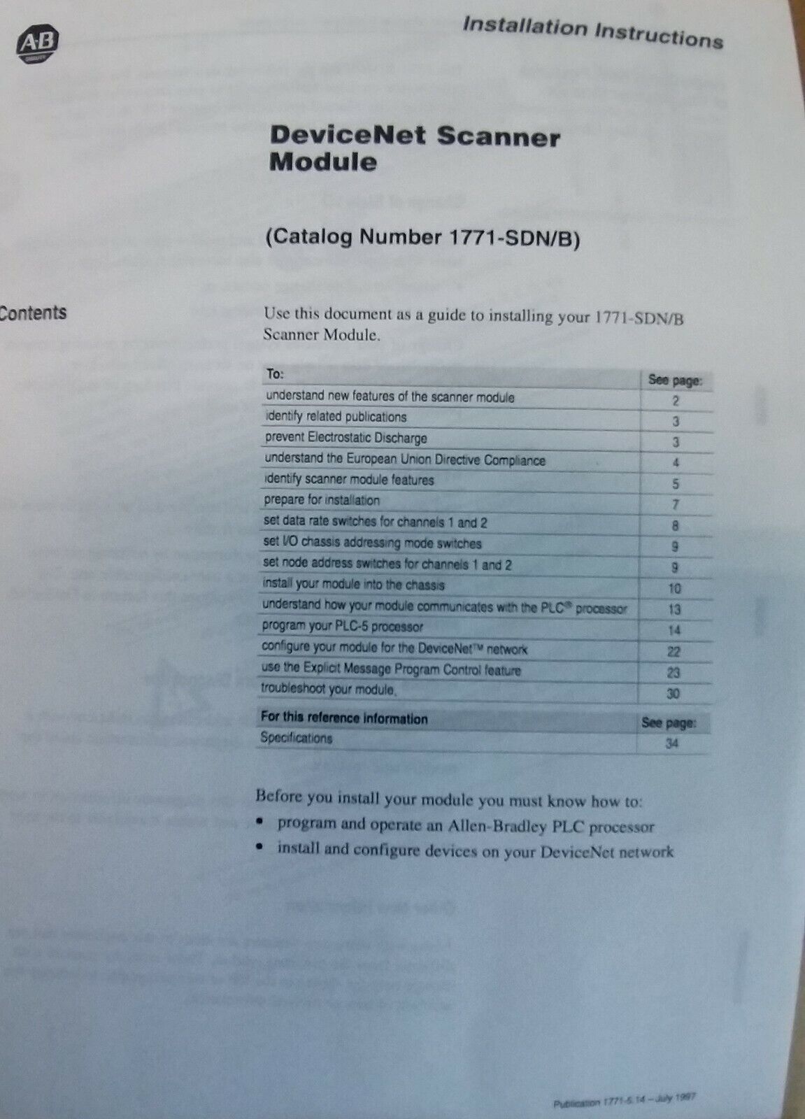 Allen-Bradley 1771-sdn/b Rev M01 DeviceNet Scanner Module 25vdc 9ma for ...
