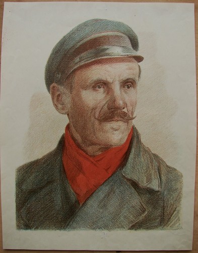 Ukrainian Soviet USSR color lithograph realism male portrait mustached ...