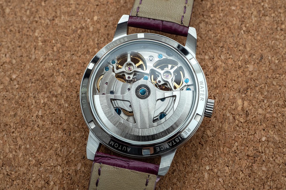 Mens Double Flywheel Skeleton Automatic Mechanical Leather Watch Silver ...