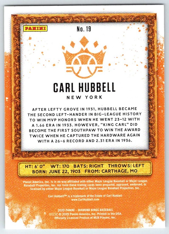 2020 Panini Diamond Kings Baseball Card Carl Hubbell New York Giants ...