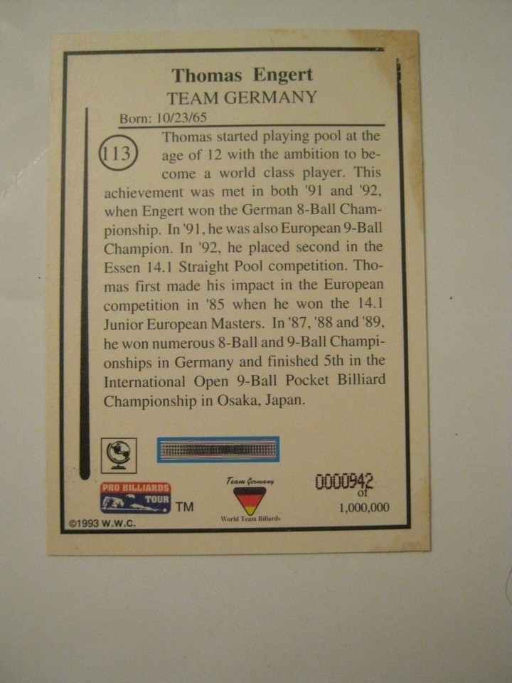 Thomas Engert 1993 Pro Billiards Tour, Team Germany, Card #113 (MS-18 ...