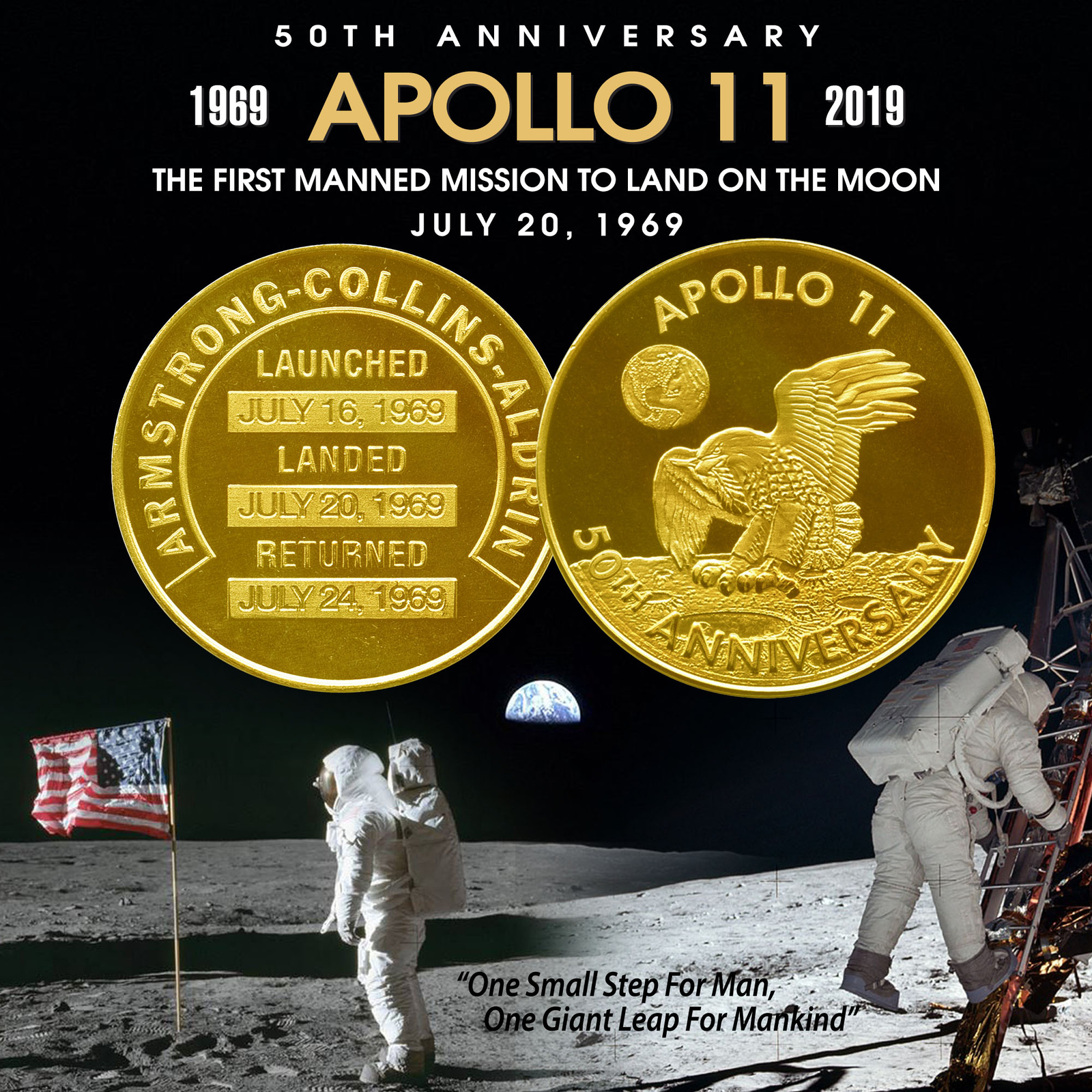 Apollo 11 50th Anniv Commemorative NASA Space Medallion 1.25" Coin 24K ...