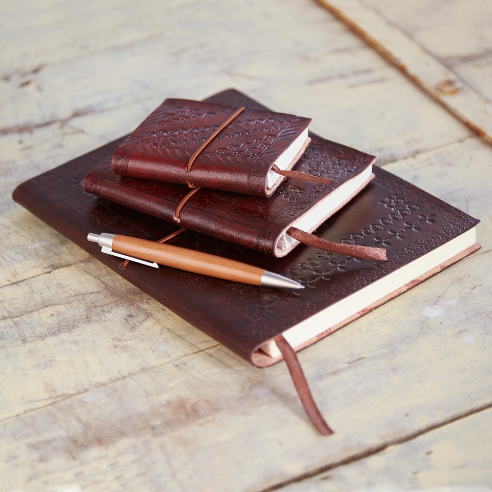 Medium Embossed Leather Notebook Journal Diary, Brown, Plain Recycled ...