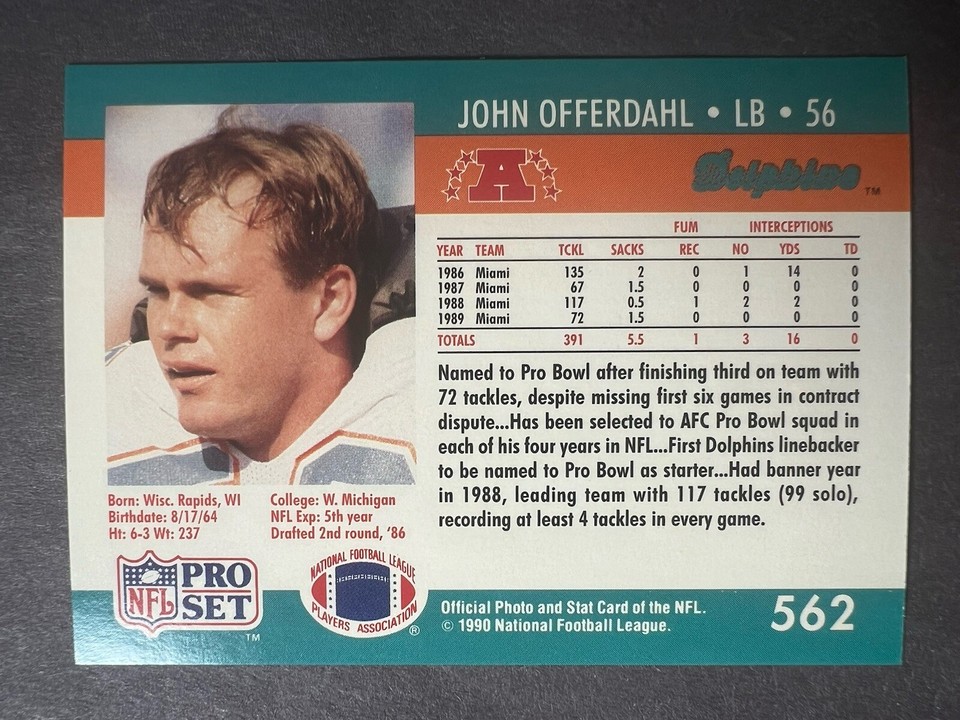 1990 NFL Pro Set John Offerdahl Miami Dolphins Card #562 | eBay