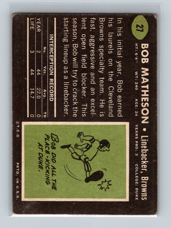 1969 Topps Football Bob Matheson #27 Browns | eBay